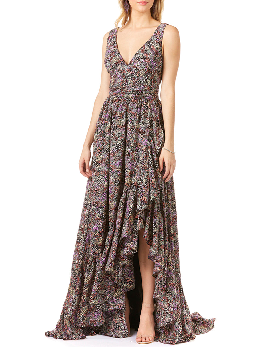 V-Neck Long Print Gown Hi-Low Wrap OUTLET – Lara New York
