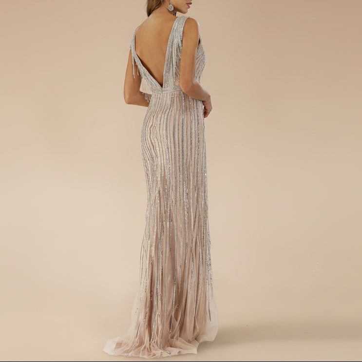 Lara 29680 Beaded V-Neck Gown in Silver/Nude – Lara New York