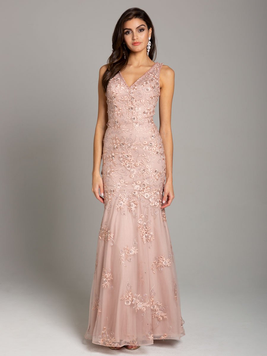 Lara 29869 - Mermaid Dress with Floral Lace Appliques – Lara New York